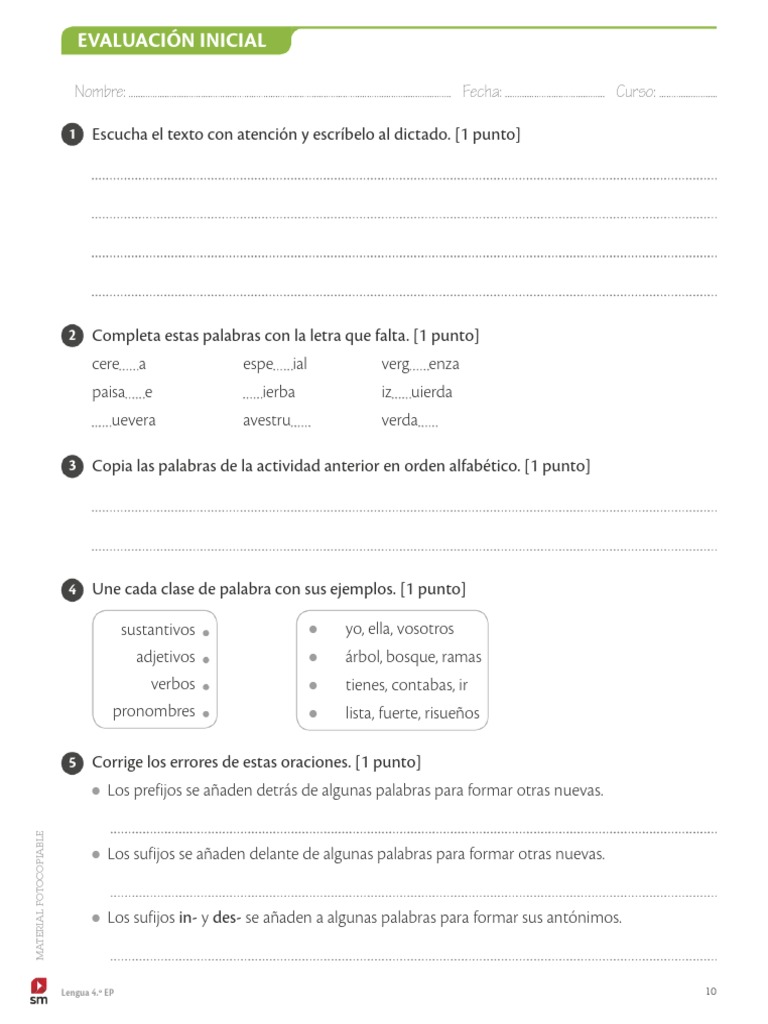 Evaluación Inicial Lengua 4.º EP | PDF | Sustantivo | Verbo