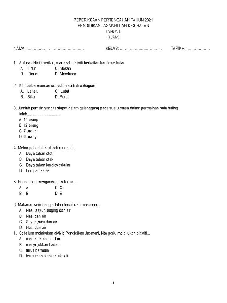 Peperiksaan Pertengahan Tahun 2021 (PJPK T.5) | PDF