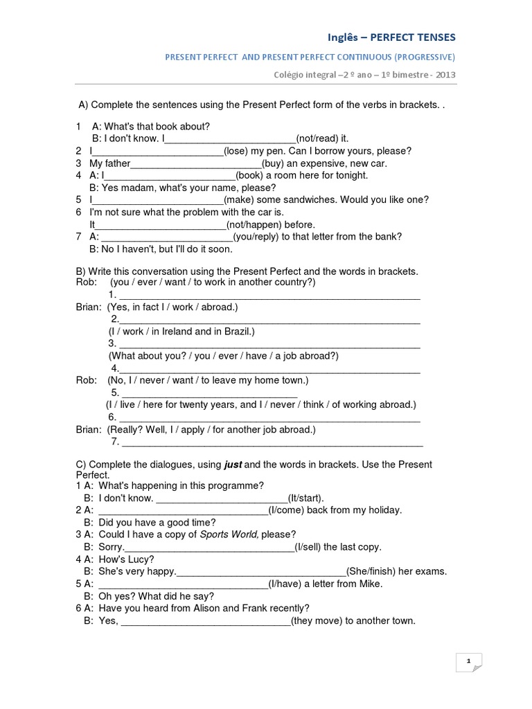 2 Ano Perfect Tenses Present Perfect and Present Perfect Continuous ...