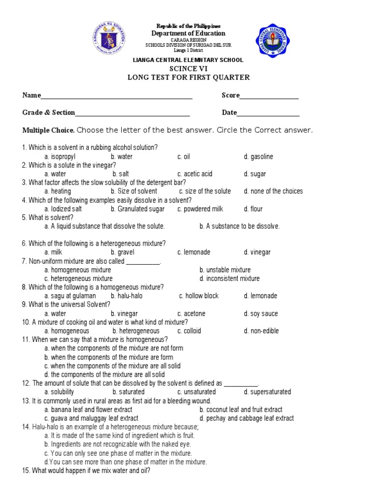 Science 6 Long Test For Quarter 1 | PDF | Mixture | Filtration