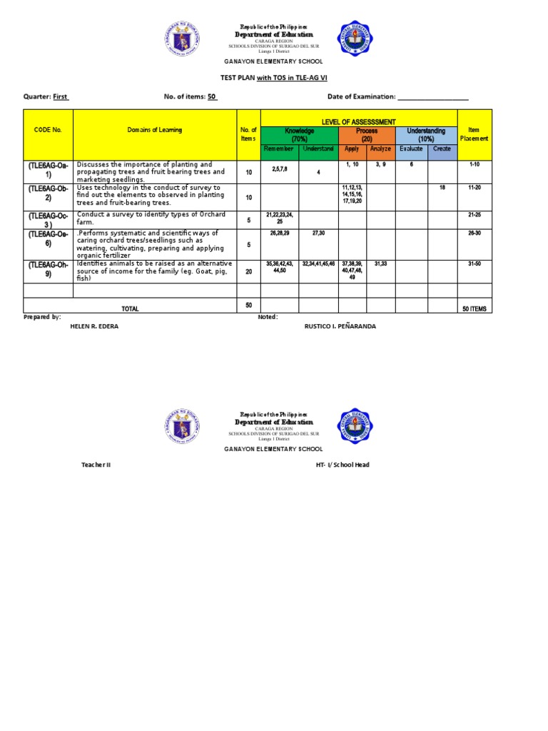 Tle 6 Long Quiz Test Plan With Tos | PDF
