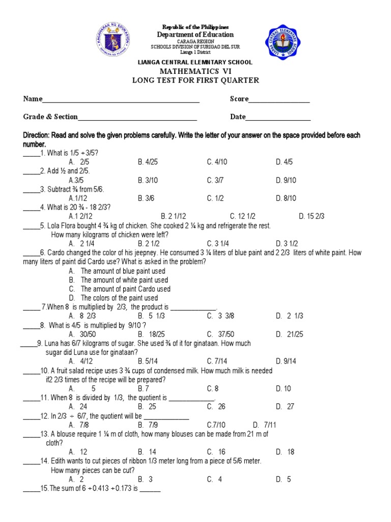 MATH 6 Long Test For Quarter 1 | PDF