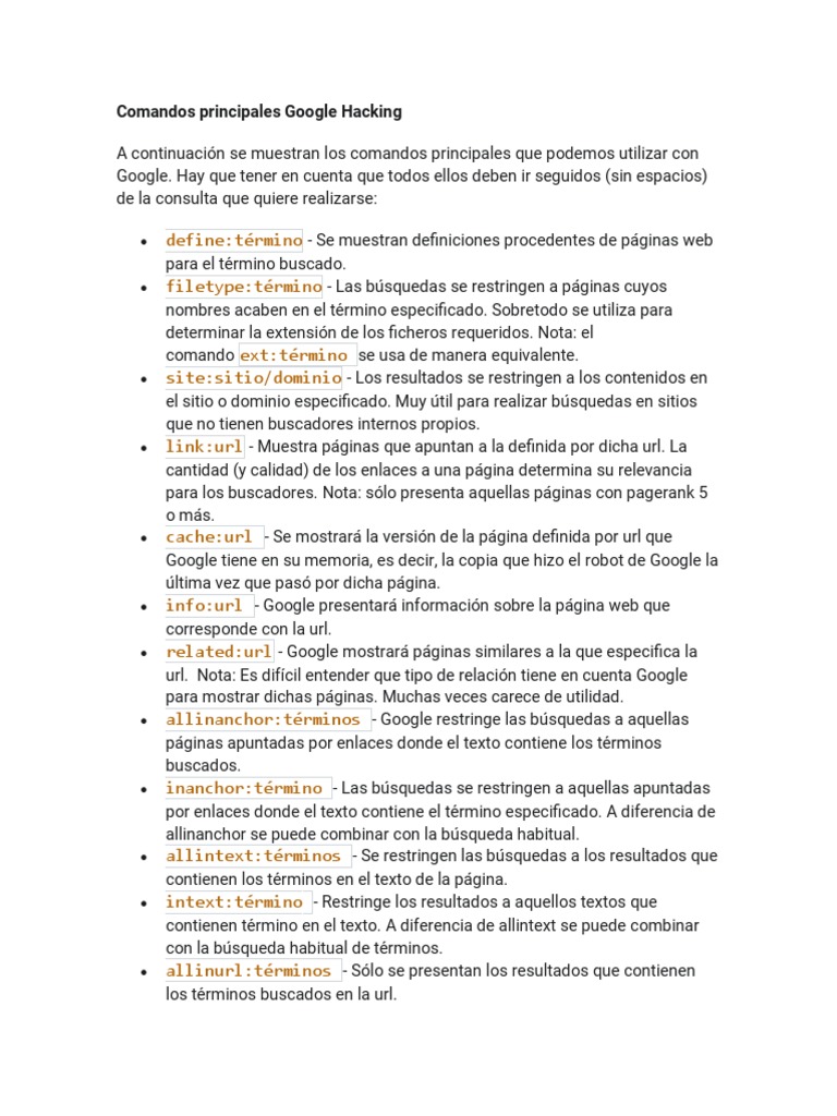 Comandos Principales Google Hacking | PDF