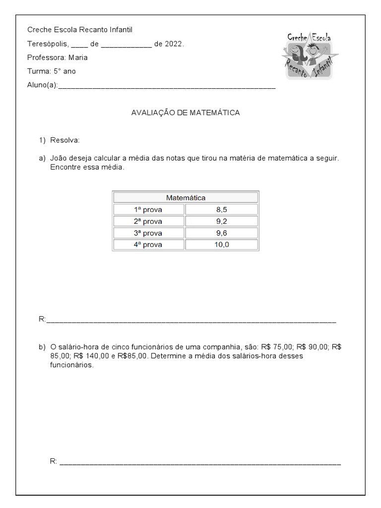 Prova de Matemática 4 Bimestre | PDF