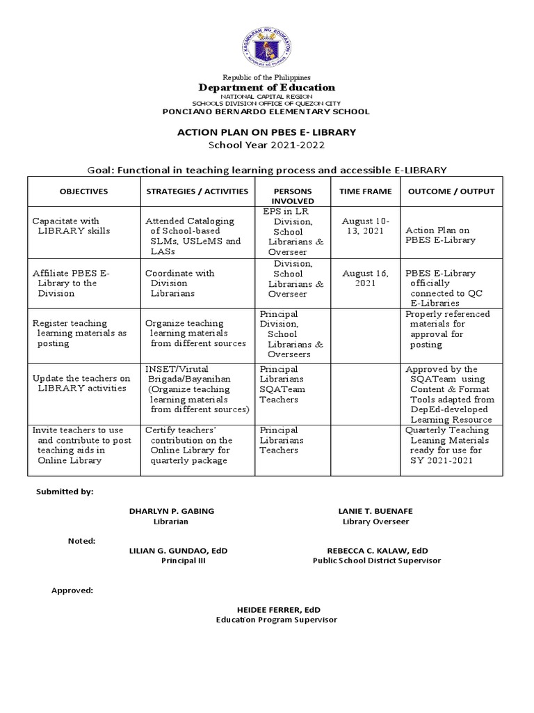 PBES E-Library Action Plan 2021-2022 | PDF | Libraries | Librarian