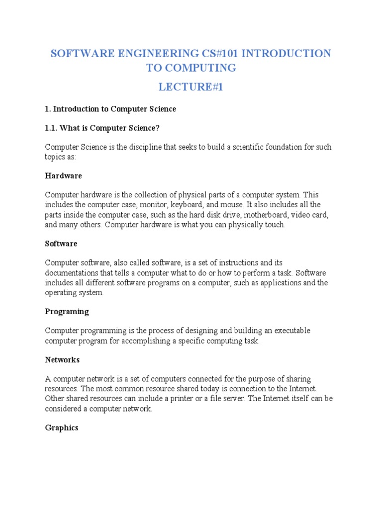 Software Engineering CS#101 Introduction To Computing | PDF | Computer ...