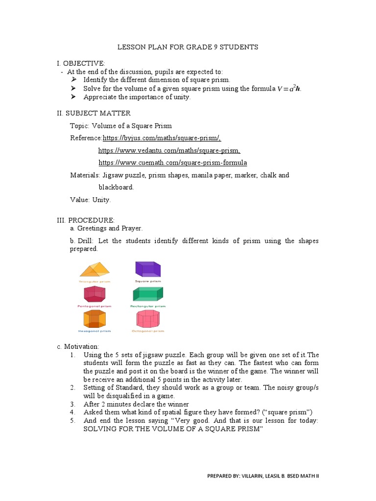 Lesson Plan For Grade 7 Students | Download Free PDF | Volume