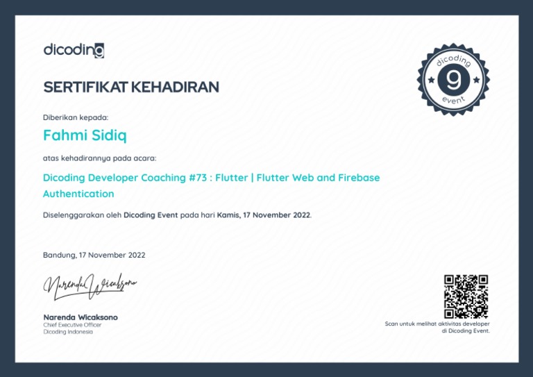 Dicoding Developer Coaching 73 Flutter Flutter Web and Firebase Authentication Certificate | PDF