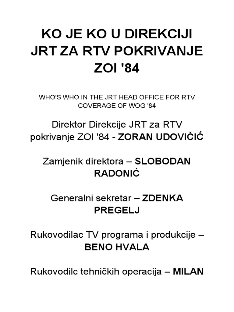 Ko Je Ko U Direkciji JRT Za RTV Pokrivanje Zoi '84 | PDF