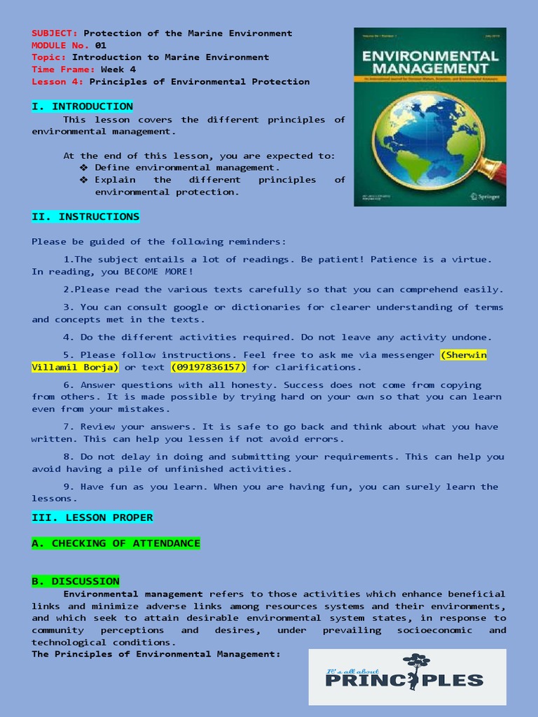 LESSON 4 Principles of Environmental Protection | PDF | Waste | Pollution