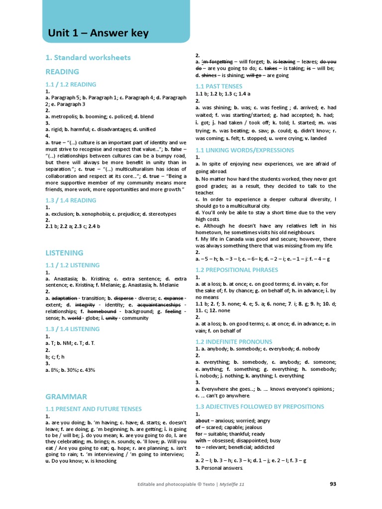 Answer Key - Unit 1 | PDF | Prejudices | Racism