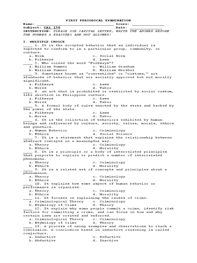 FIRST PERIODICAL EXAMINATION ON CRIMINOLOGY THEORIES | PDF ...