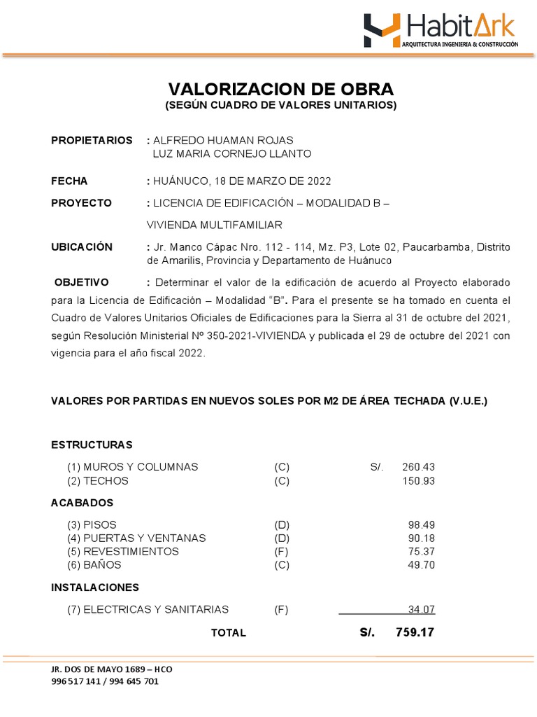 Valorizacion de Obra Multifamiliar | PDF