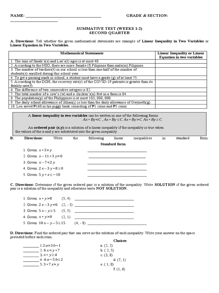 Summative Test Weeks 1-2 - Second Quarter | PDF | Equations ...