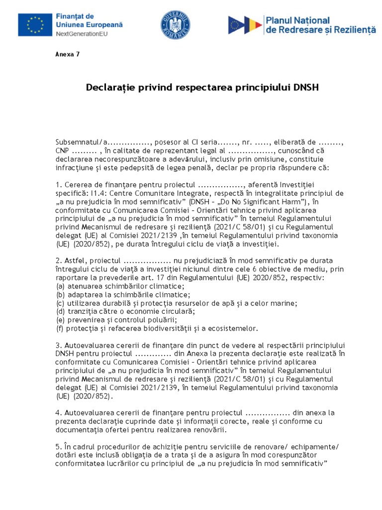 Anexa 7 Declarație Privind Respectarea Principiului DNSH 1 | PDF