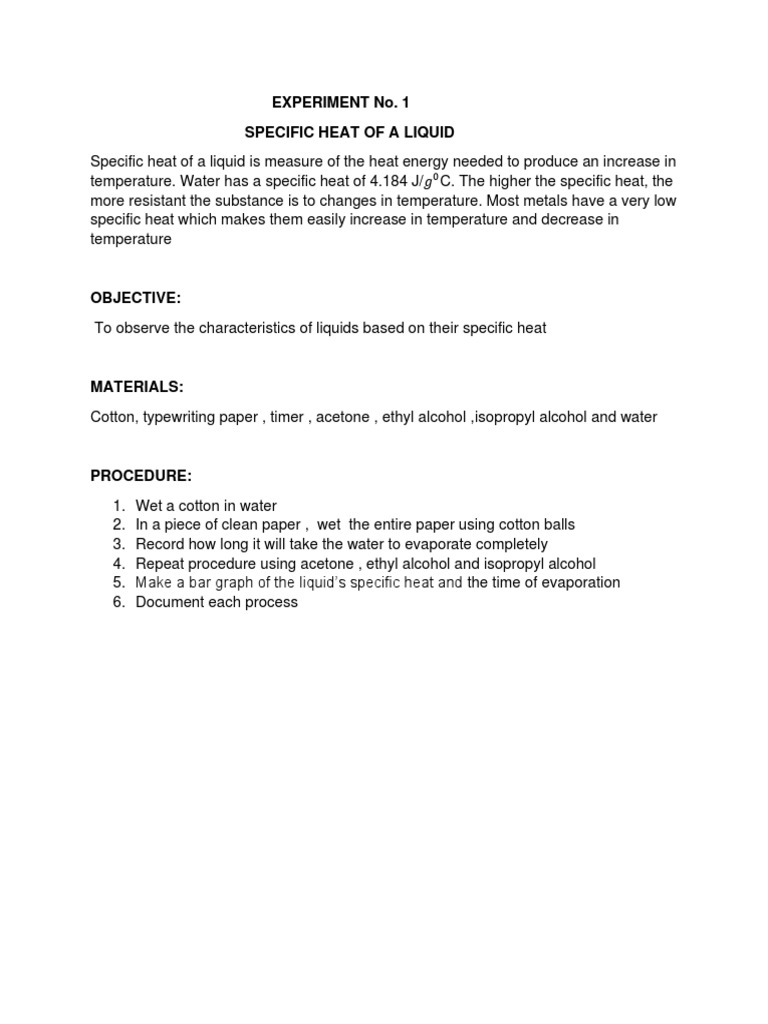 Experiment 1 - SPECIFIC HEAT OF A LIQUID | PDF | Evaporation | Liquids