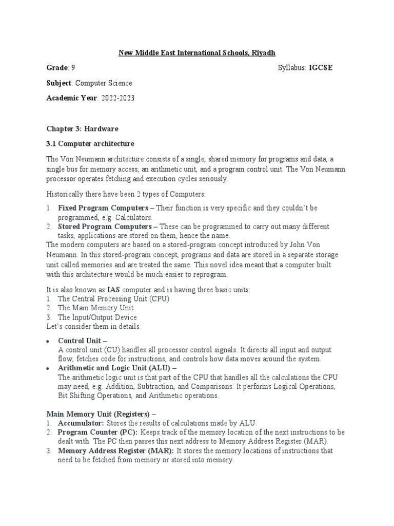New Middle East International Schools, Riyadh Grade: 9 Subject: Computer Science Academic Year ...