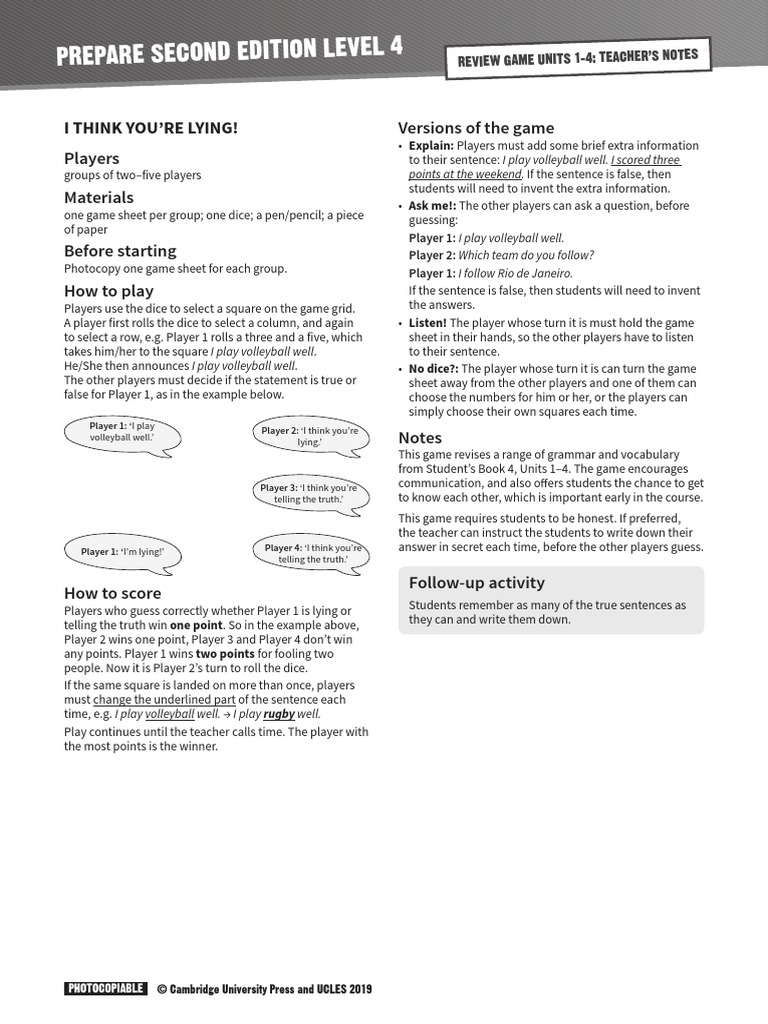 PREPARE 4 Review Game Units 01-04 | PDF