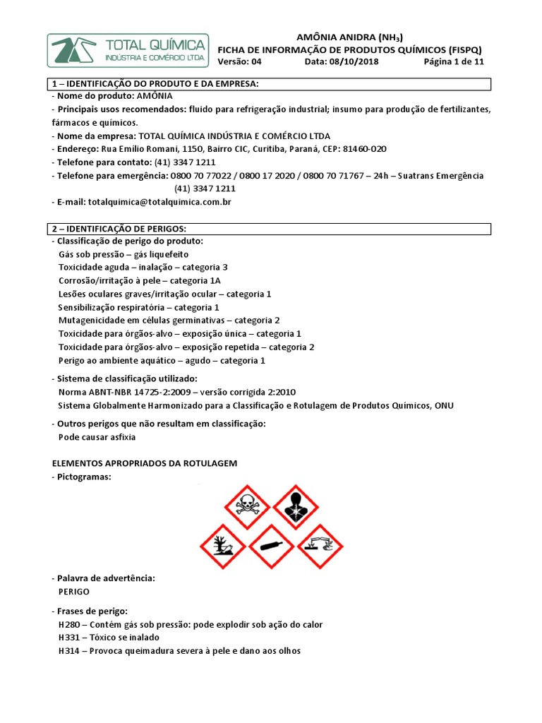 1 - Amônia Anidra NH3 | PDF | Cloro | Amônia