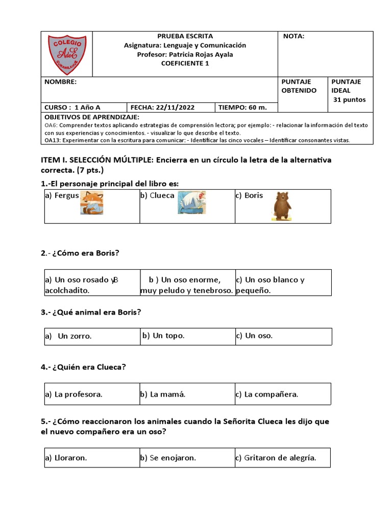 Prueba Escrita Boris Un Compañero Nuevo en La Escuela PROJAS | PDF