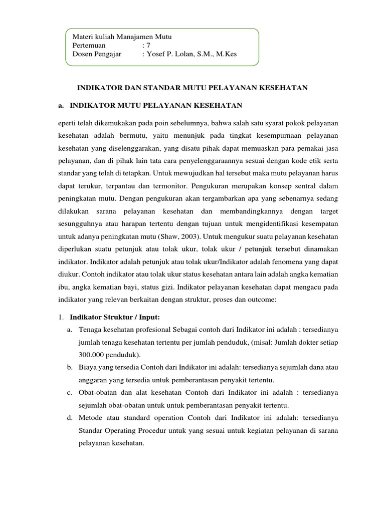 Indikator Dan Standar Mutu Pelayanan Kesehatan | PDF