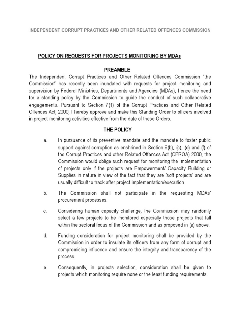 POLICY ON REQUEST FOR PROJECTS SUPERVISION BY MDAs | PDF | Policy ...