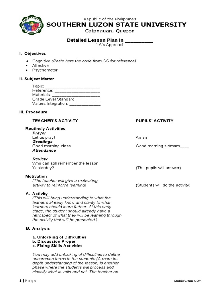 4 As Approach Detailed Lesson Plan Format | PDF | Teachers | Lesson Plan