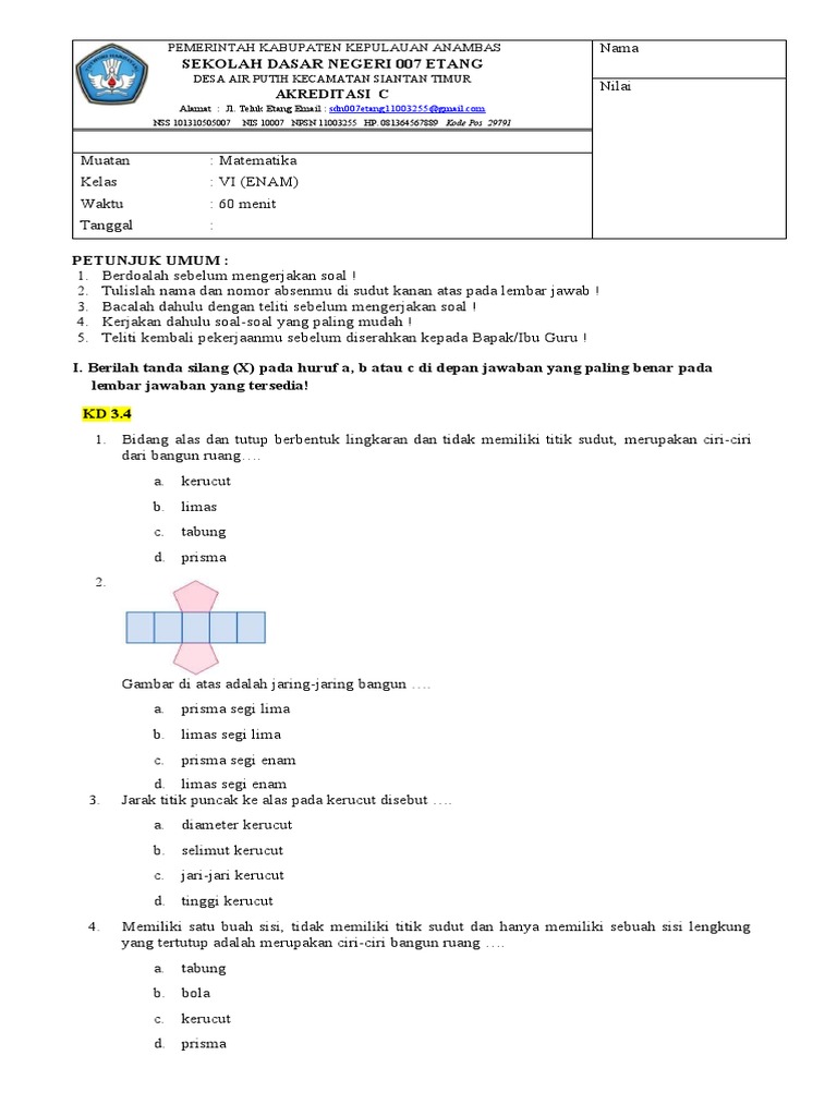 Soal PTS 2 MTK Kelas 6 K13 | PDF