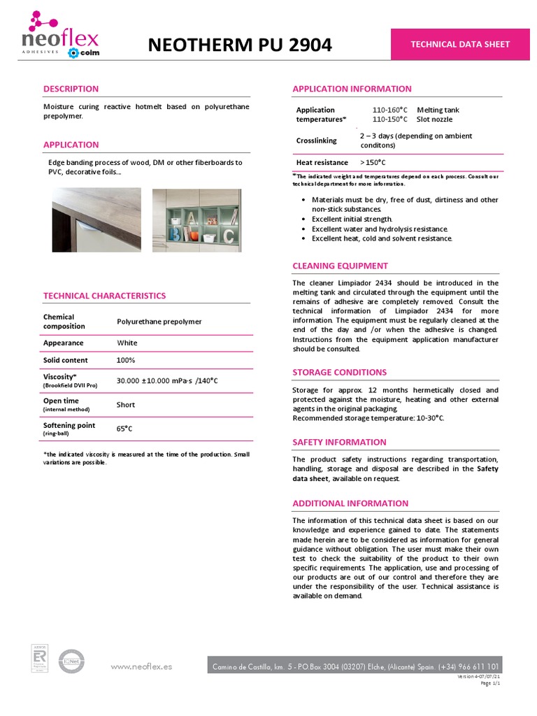 NEOTHERM PU 2904 Technical Data Sheet - Moisture Curing Reactive ...