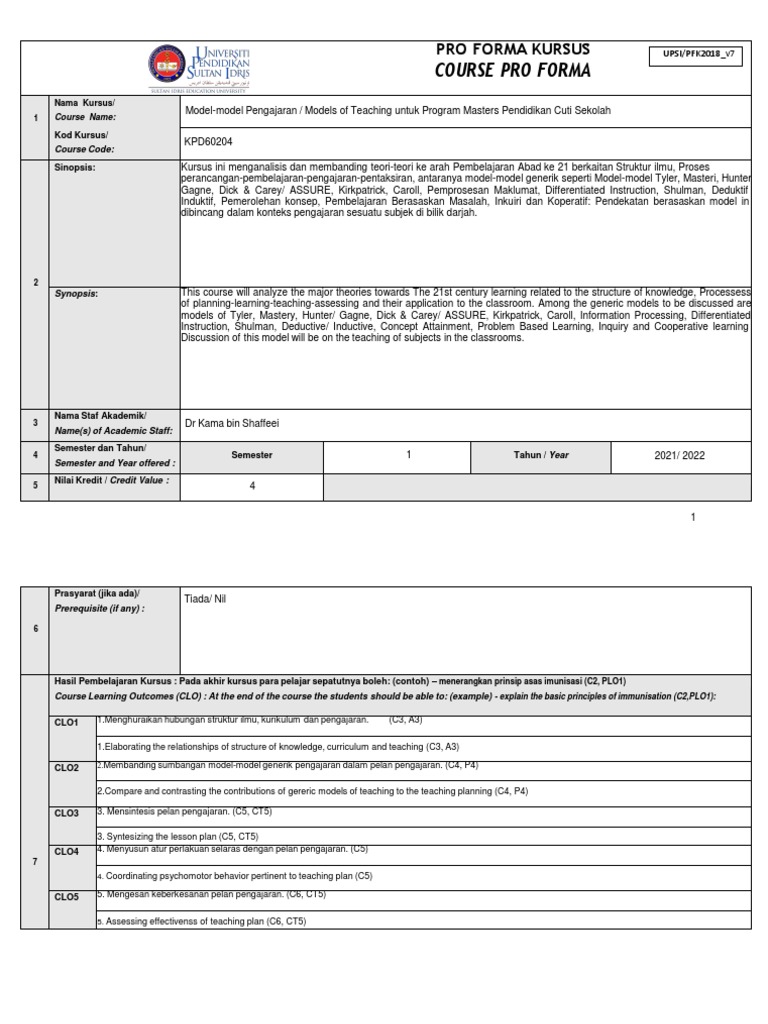 PROFORMA M221P CS KPD60204 Model-Model Pengajaran Bermula 05 Sept 2022 | PDF | Learning | Curriculum