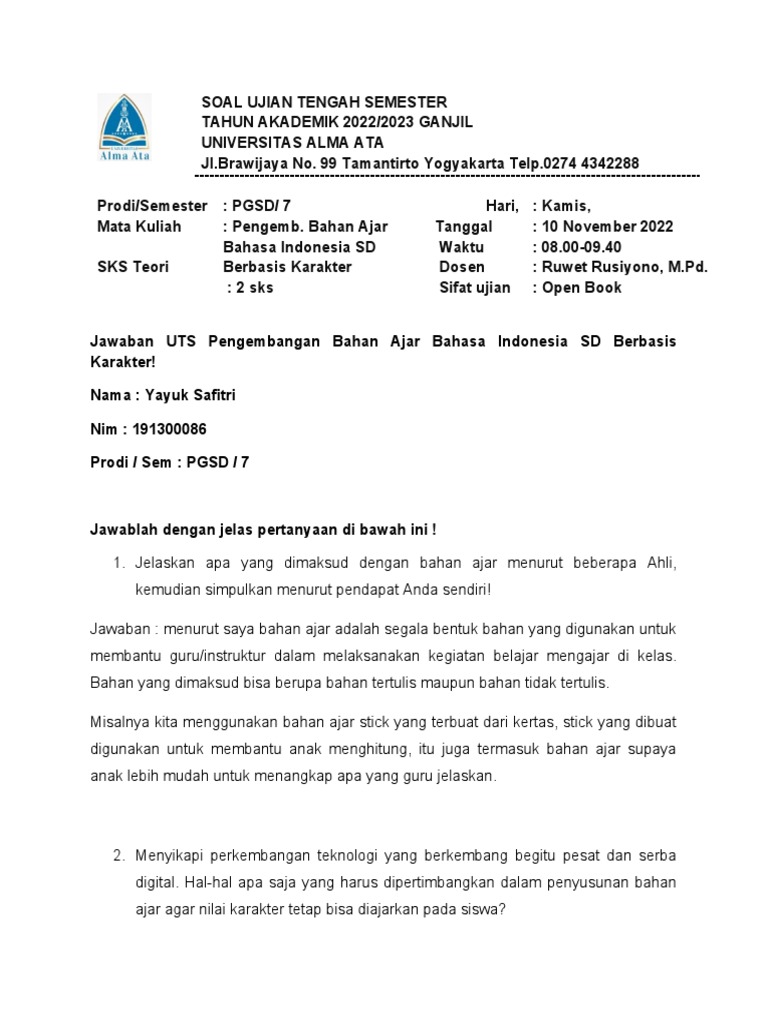 UTS Pengembangan Bahan Ajar Bahasa Indonesia SD Berbasis Karakter 20222023 | PDF