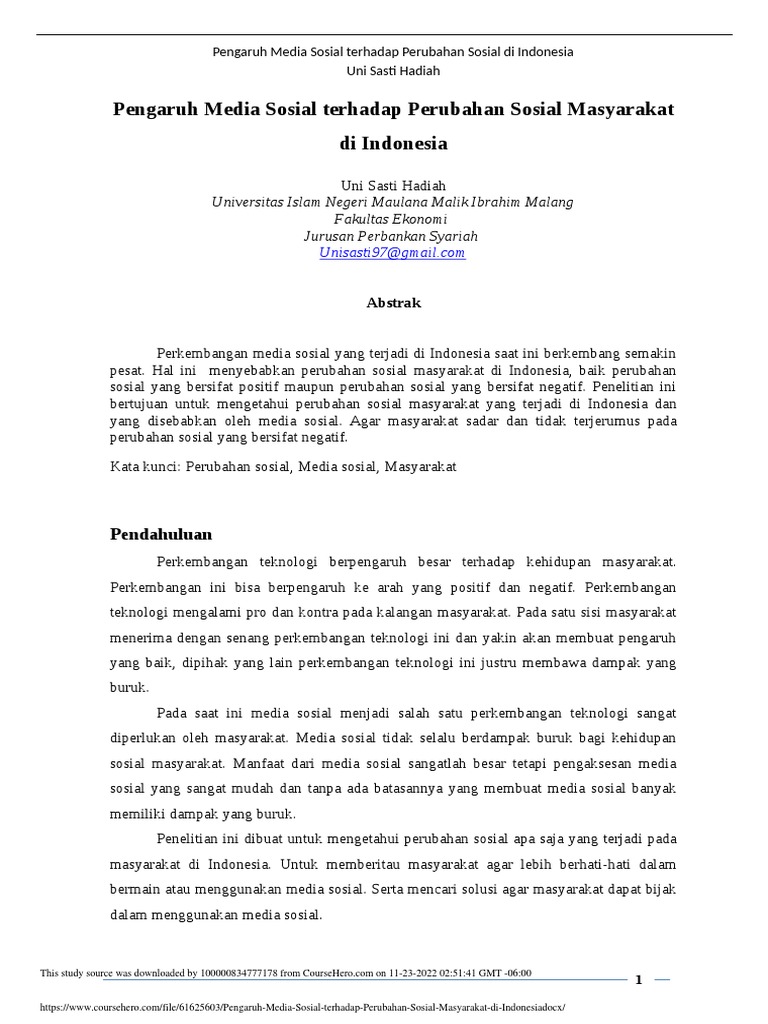 Pengaruh Media Sosial Terhadap Perubahan Sosial Masyarakat Di Indonesia | PDF