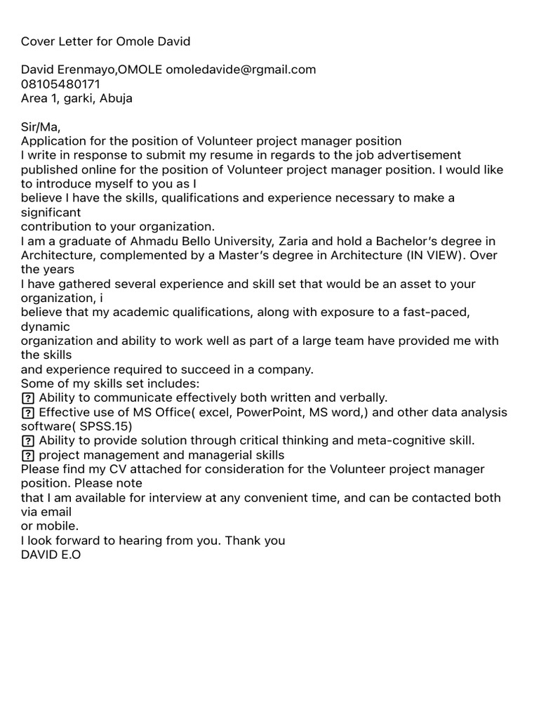 Cover Letter For Omole David | PDF