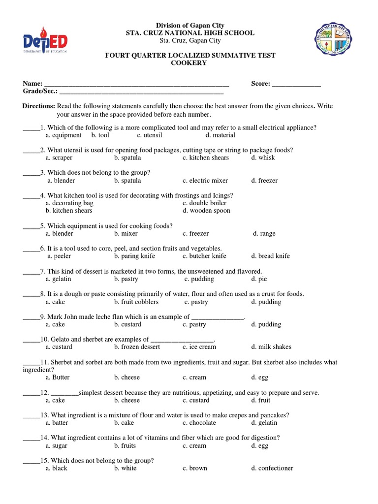 Cookery-Fourth Quarter Localized Summative Test | PDF | Desserts | Cakes