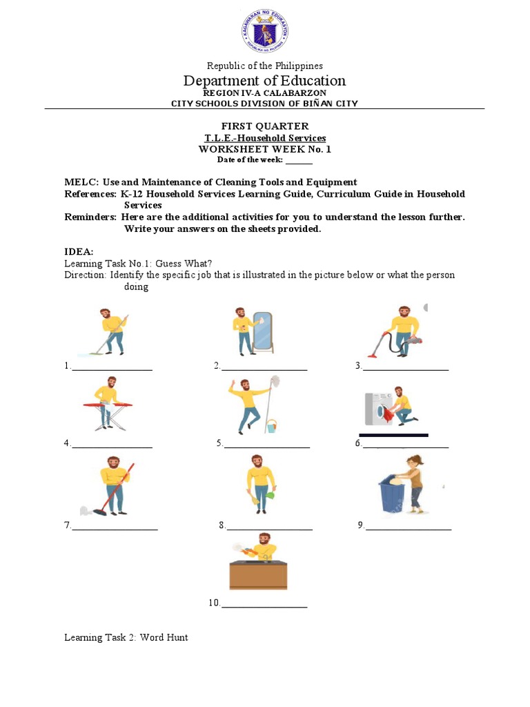 Cleaning Tools and Equipment Worksheet | PDF