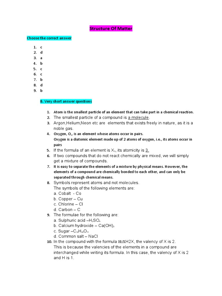 Structure of Matter Question and Answers | PDF | Chemical Compounds ...
