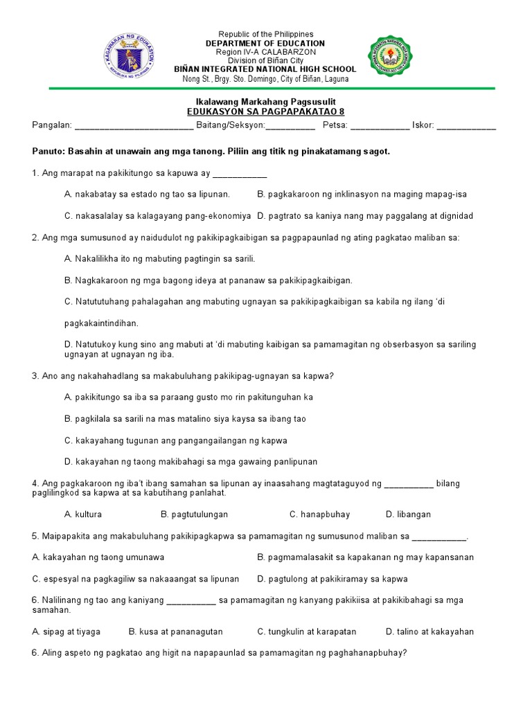 ESP 8 - Summative Test - Second Quarter | PDF