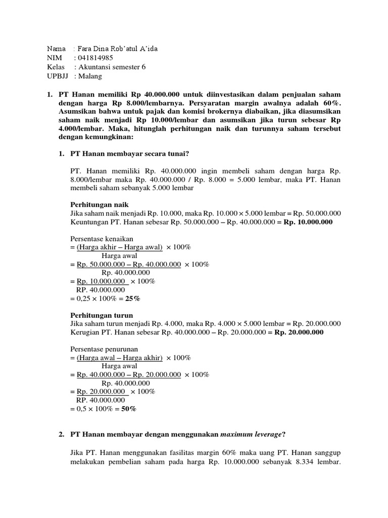 Tugas 1 Teori Portofolio Dan Analisis Investasi - Fara Dina R.A (041814985) | PDF
