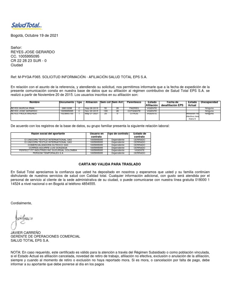 Certificado Eps Salud Total | PDF