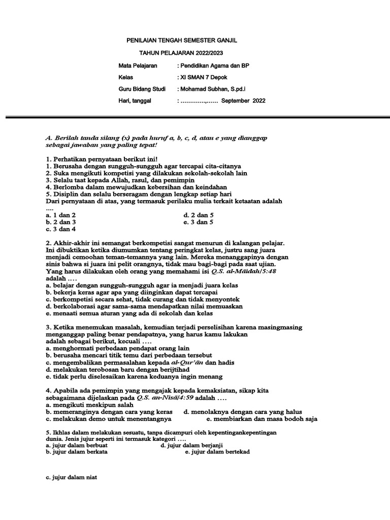 Soal Pts Ganjil Pai Kls Xi Ips | PDF