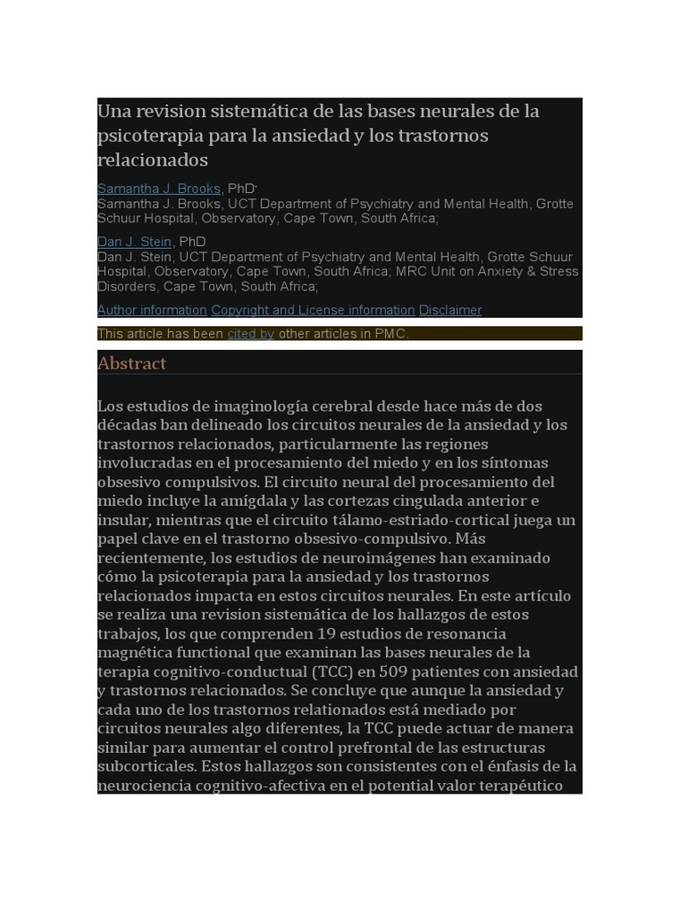 Una Revision Sistemática de Las Bases Neurales de La Psicoterapia para ...