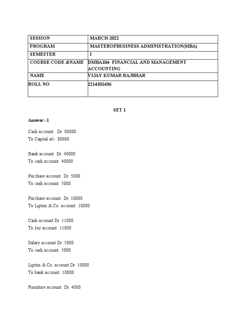 Analysis of Financial and Management Accounting Concepts through Trial Balances, Journal Entries ...