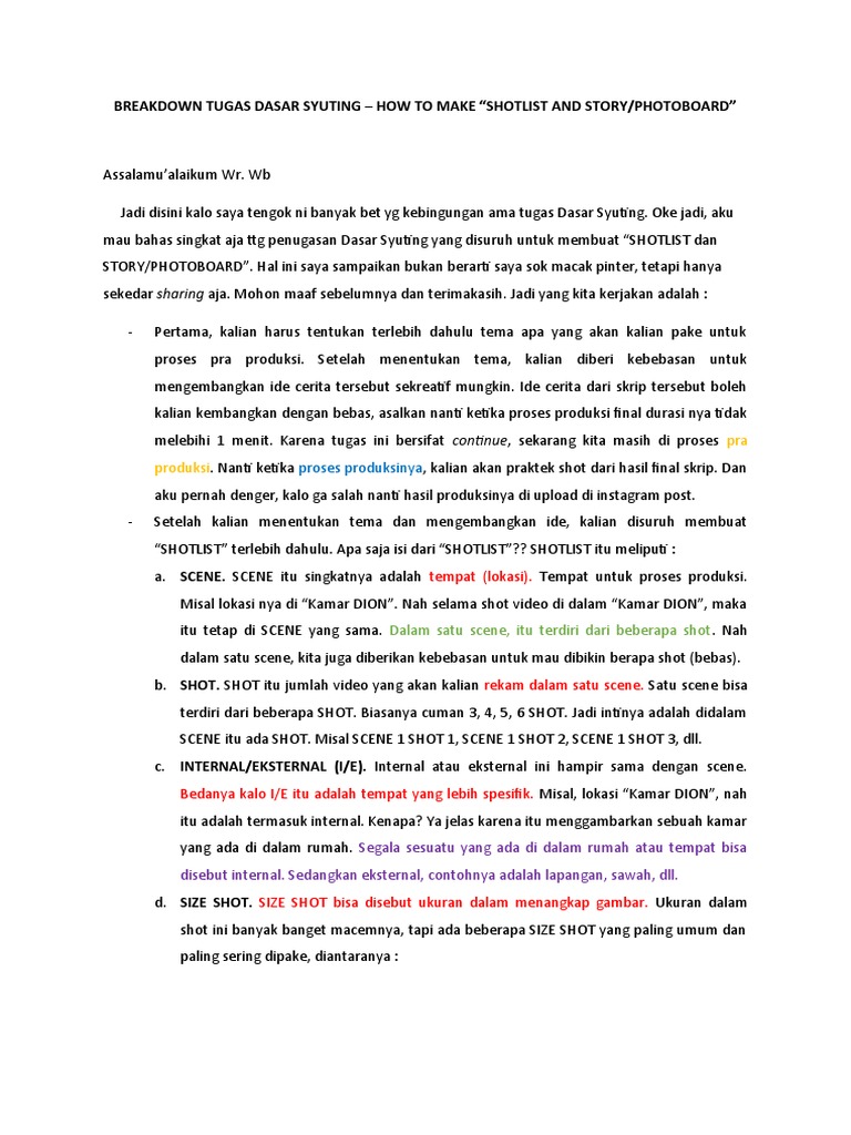 Breakdown Tuntas Tugas Dasar Syuting | PDF