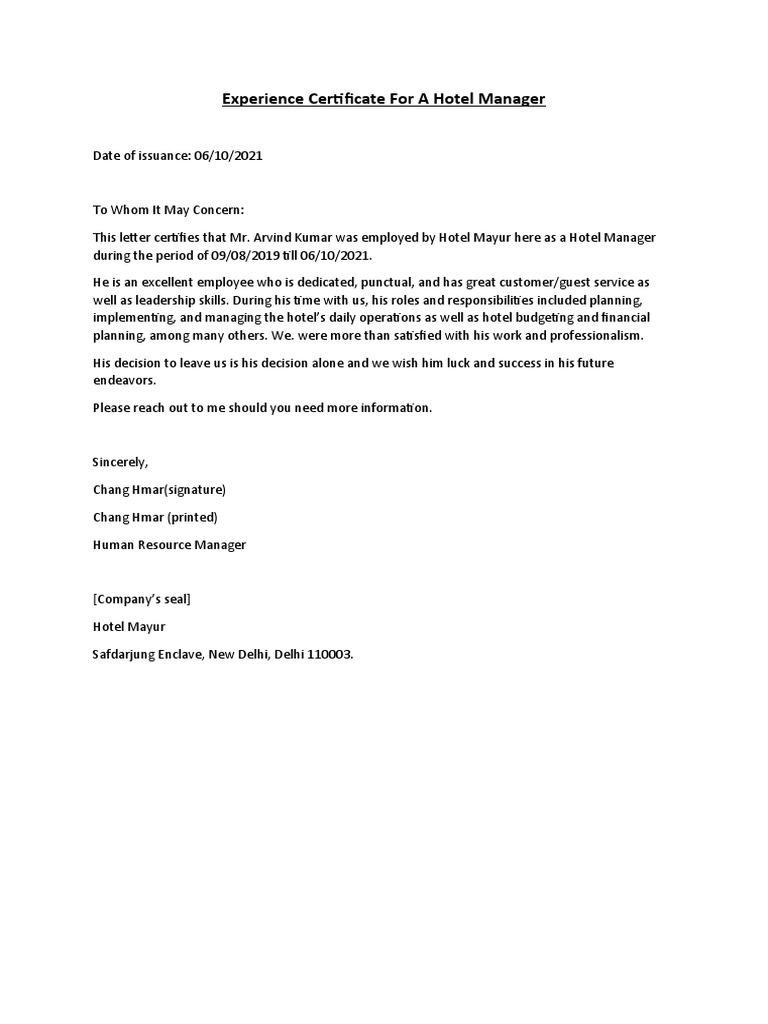 Experience Certificate For A Hotel Manager | PDF