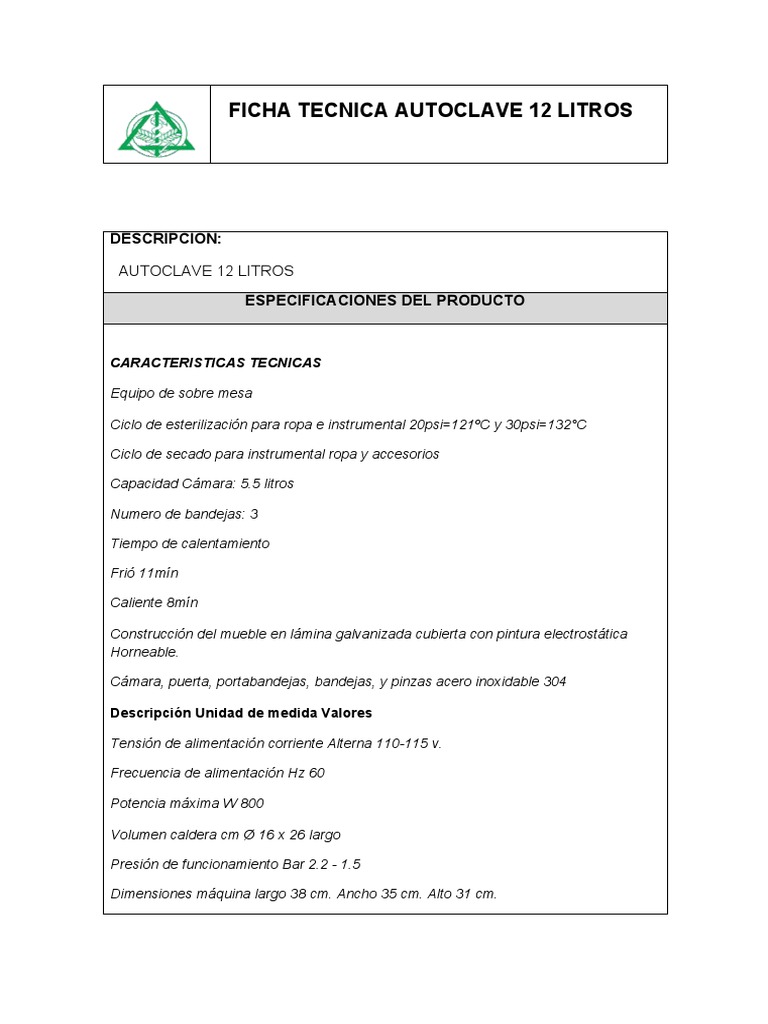 Ficha - Tecnica - Auto Clave 12 Litros | PDF
