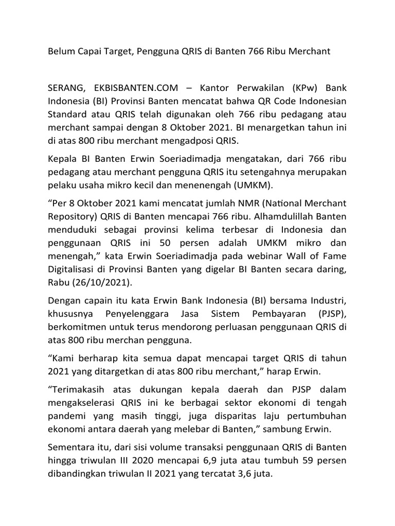 Belum Capai Target, Pengguna QRIS Di Banten | PDF