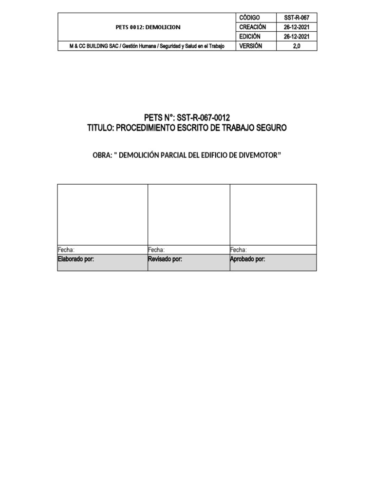 Pets SST-R-067-0012 - Demolicion | PDF | Demolición | Seguridad y salud ocupacional