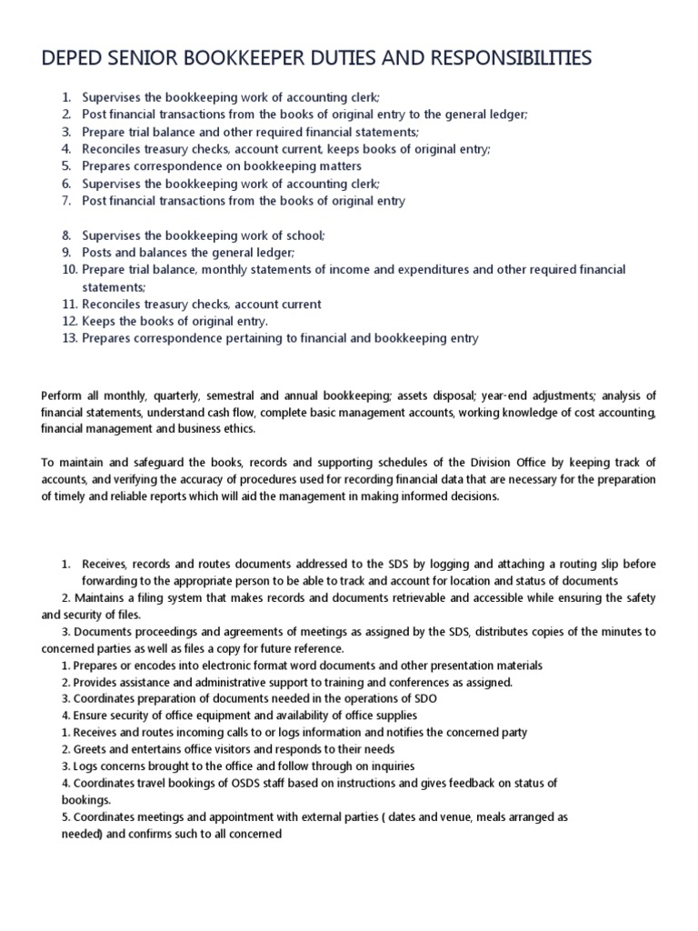 Deped Senior Bookkeeper Duties and Responsibilities123132131 | PDF ...