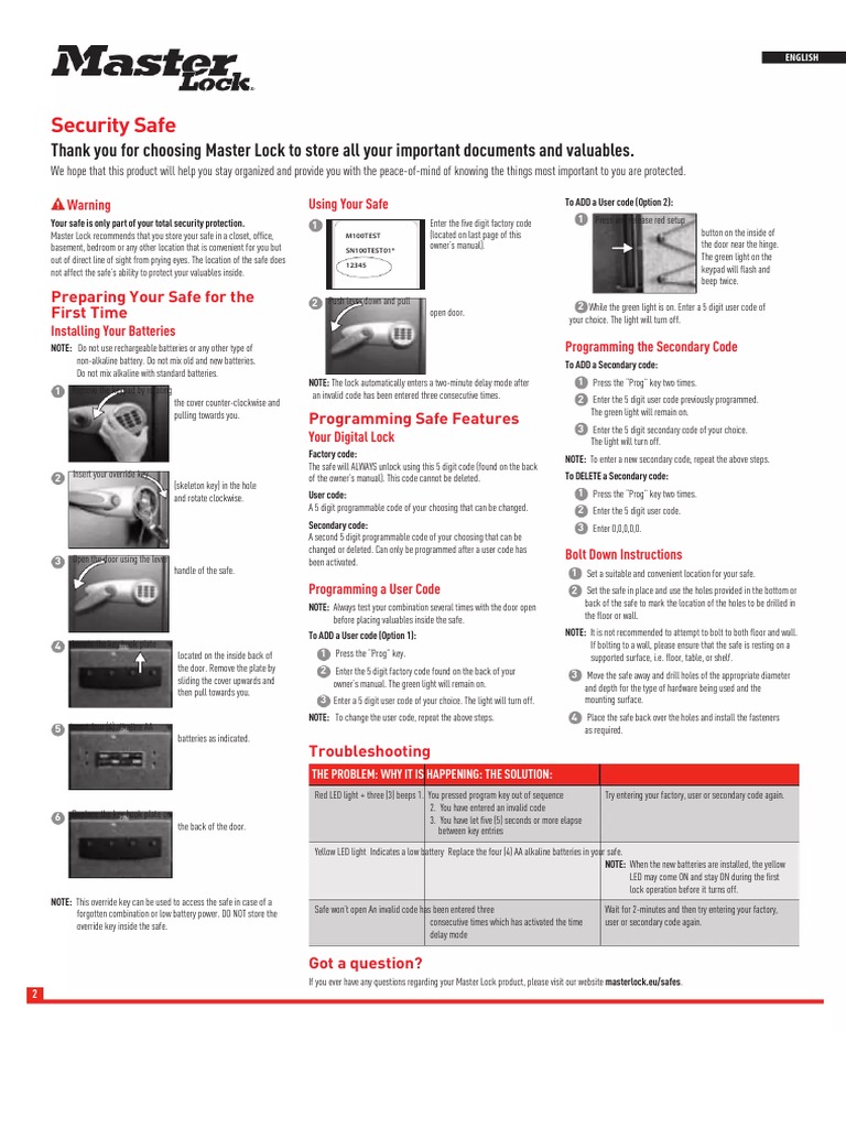 Security Safe - Master Lock T0-331ML Mode D'emploi | PDF | Manufactured Goods | Equipment