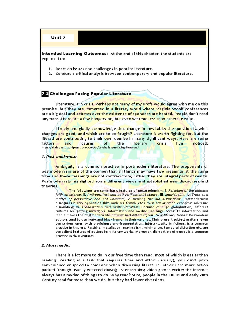 7 Issues and Challenges in Popular Literature | PDF | Postmodernism ...